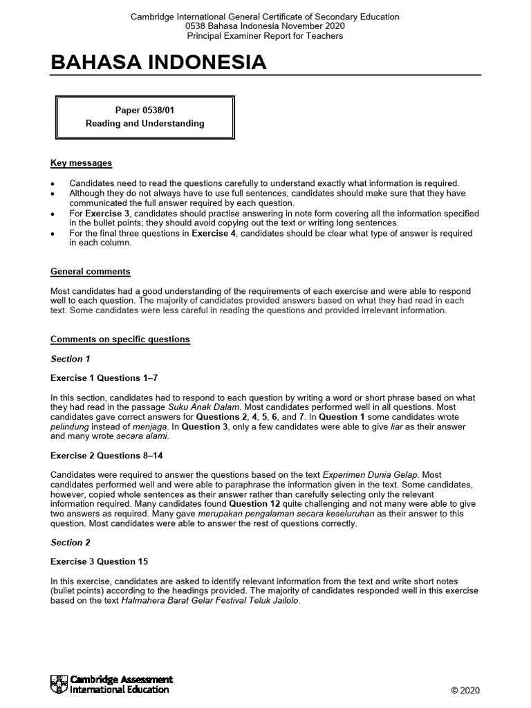 Bahasa Indonesia: Paper 0538/01 Reading and Understanding | PDF