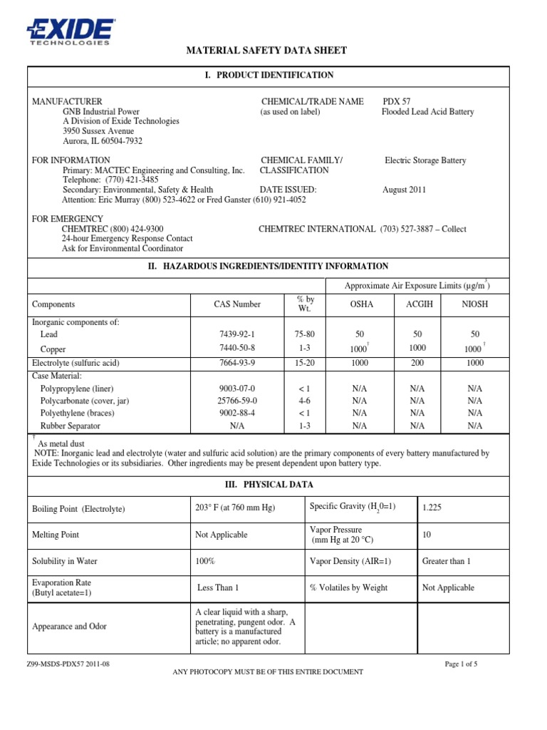 MSDS For PB Battery | PDF | Sulfur | Battery (Electricity)
