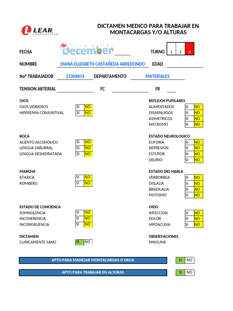 Formato de Dictamen Medico para Montacarguista | PDF