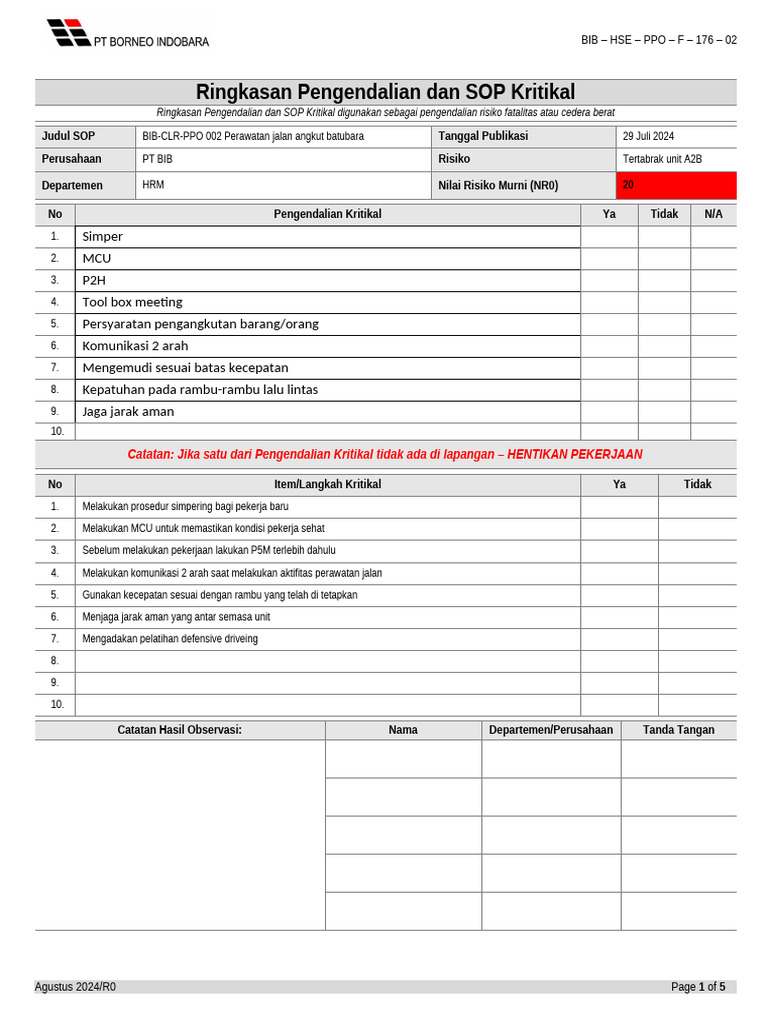 Ringkasan SOP Kritikal Jalan Agregat | PDF