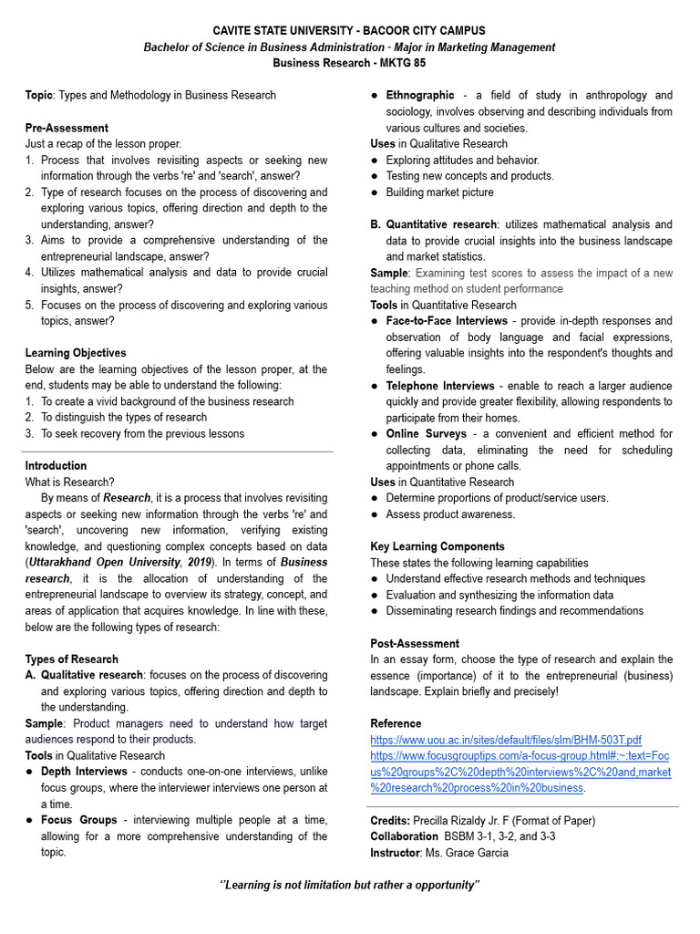 Handout Business - Research Types - Methodology Lesson2 | PDF ...