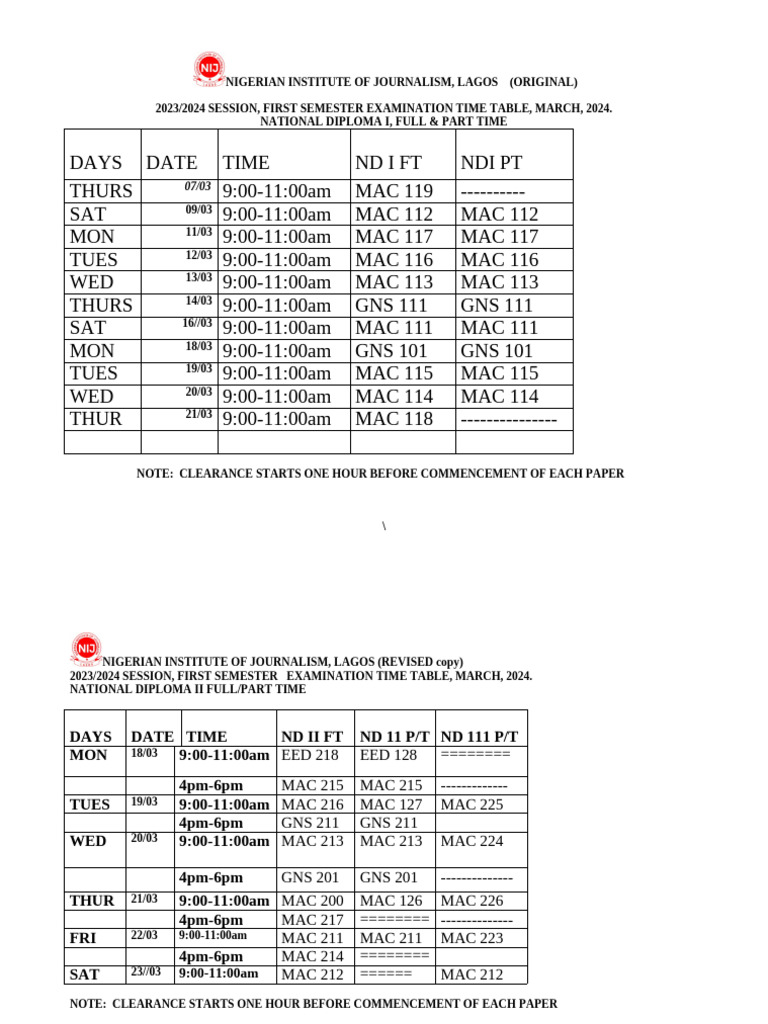 First Semester Exam Time-Table-24 - 031429 | PDF | Tests | Qualifications