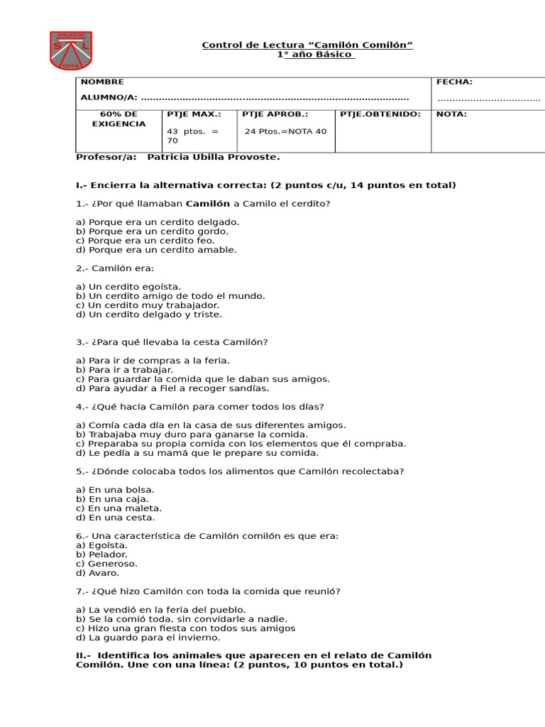Prueba Lenguaje 1 Camilon Comilon | PDF