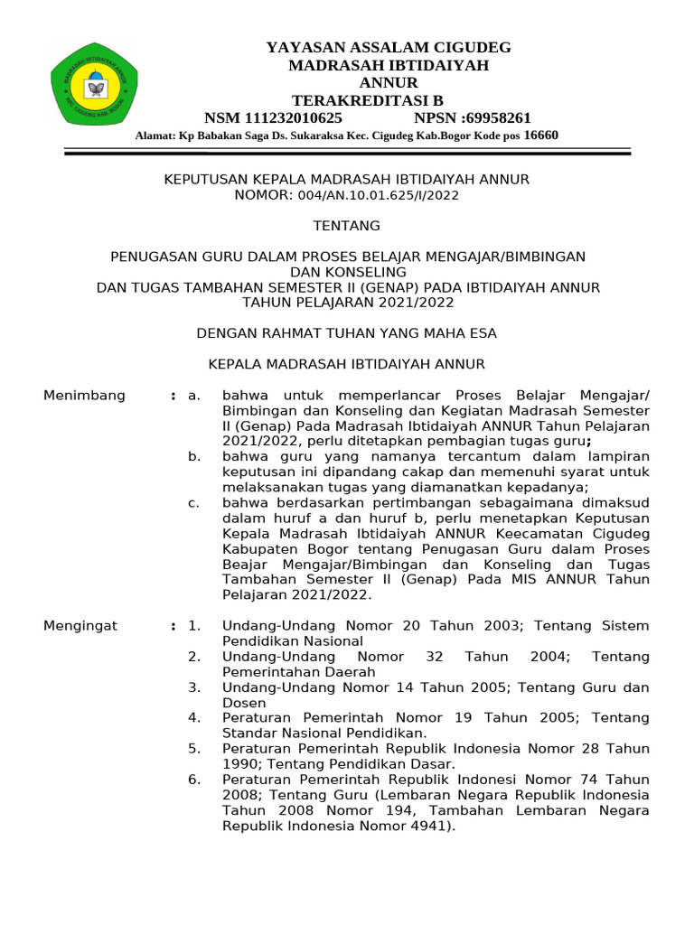 A.6 Konsider SK Penugasan Guru 2021 - 2022 Genap | PDF