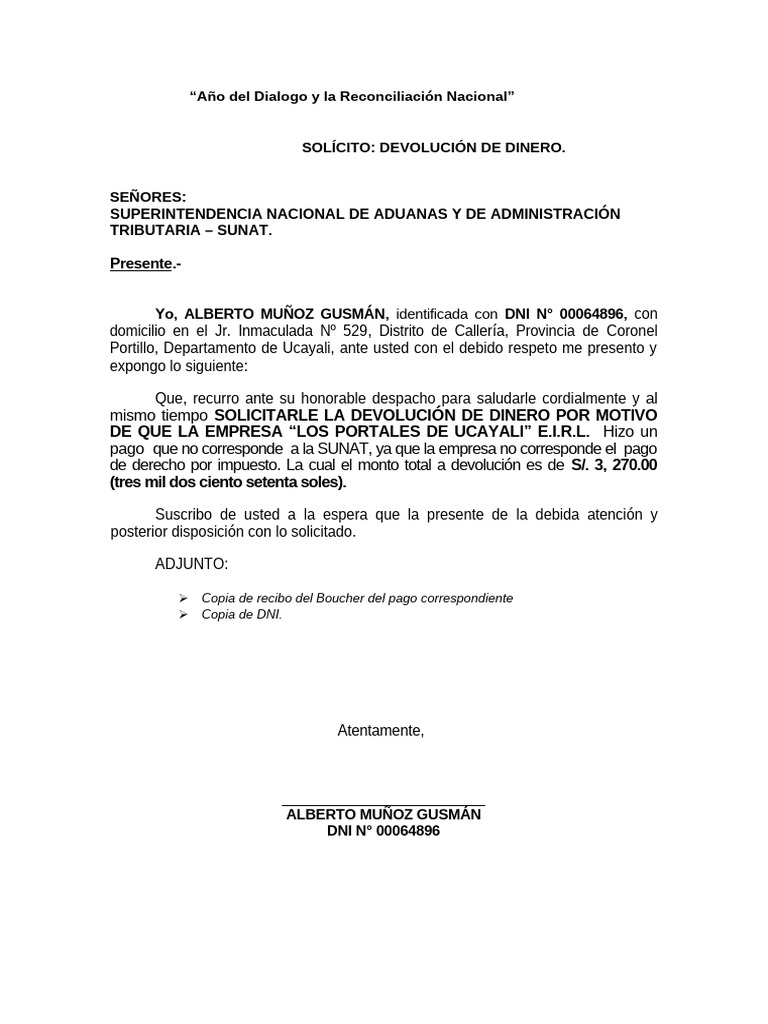 Solicito Devolucion de Dinero SUNAT | PDF