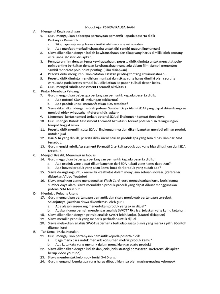 Modul Ajar P5 KEWIRAUSAHAAN - IBE | PDF