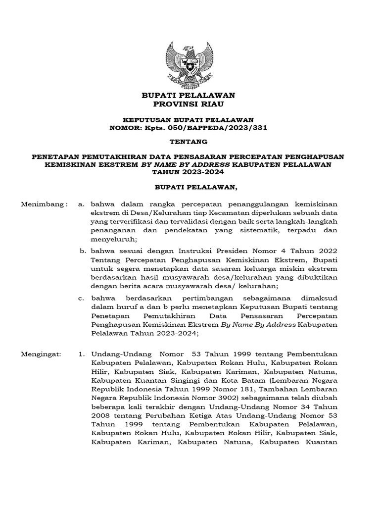 SK Penetapan Pemutakhiran Data Pensasaran Percepatan Penghapusan Kemiskinan Ekstrem Kabupaten ...