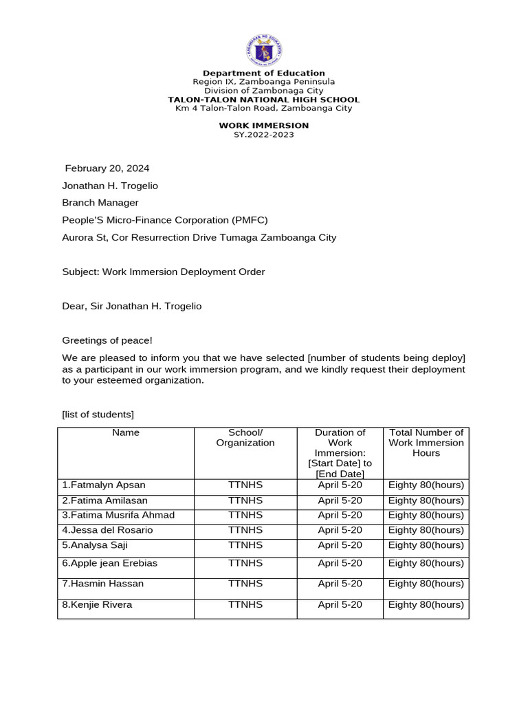 Work Immersion Deployment 110745 | PDF