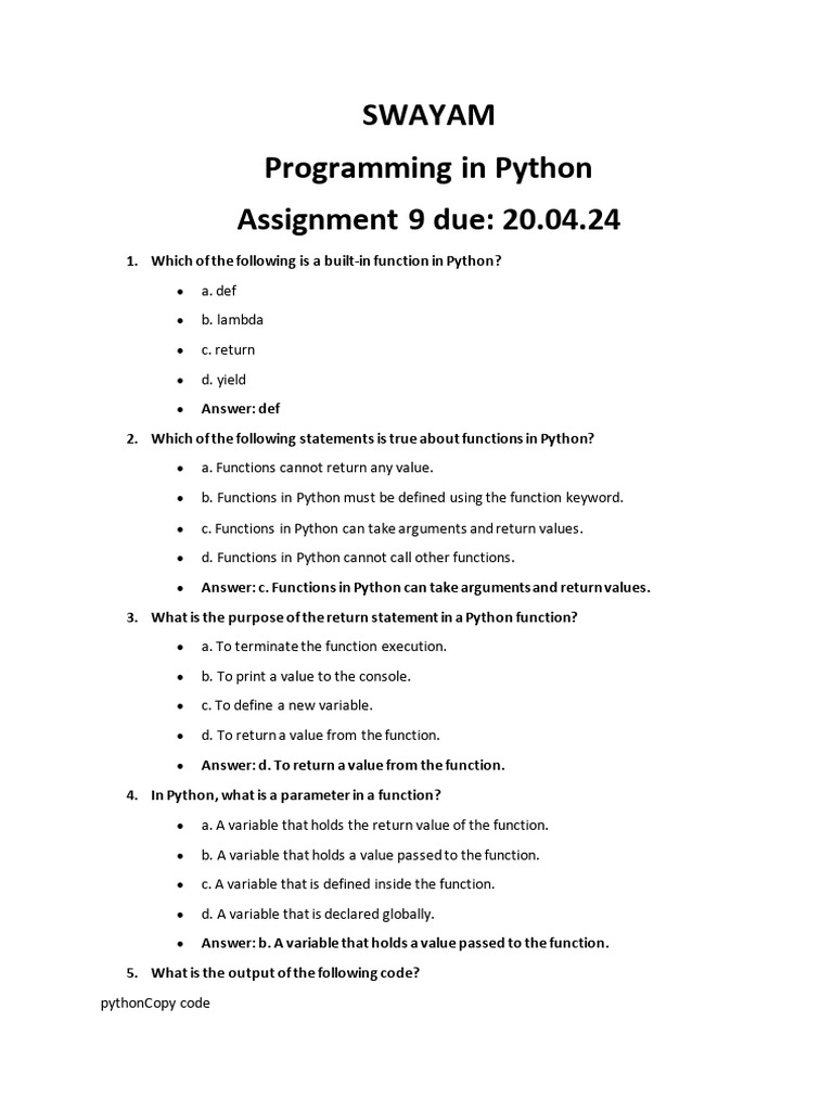 Swayam Assignment 9 Pdf Parameter Computer Programming Anonymous Function