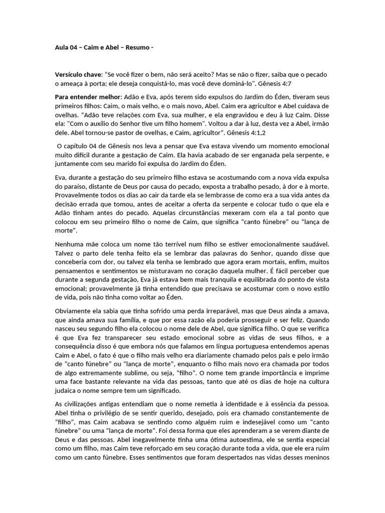 Aula 04 - Caim e Abel - Resumo | PDF