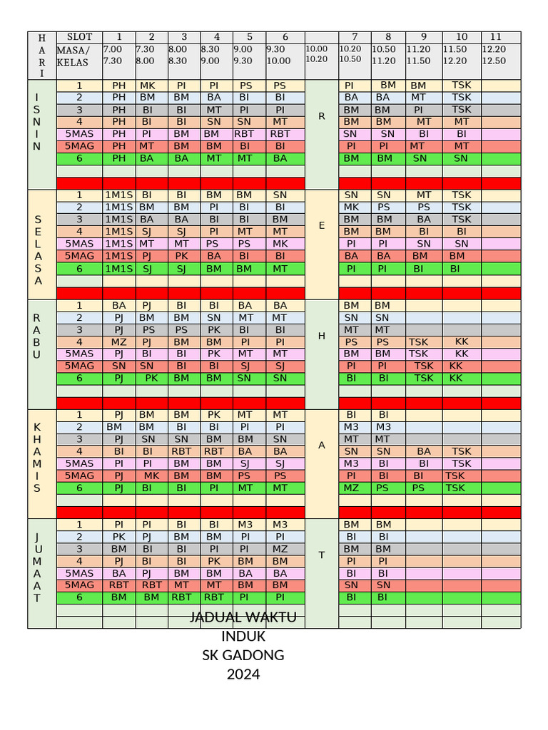 Jadual Waktu Induk SKG 2024 | PDF