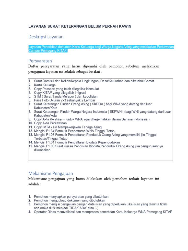 Petunjuk Pengajuan Layanan LAYANAN PENERBITAN KARTU KELUARGA WNA PEMEGANG KITAP KARTU IJIN ...