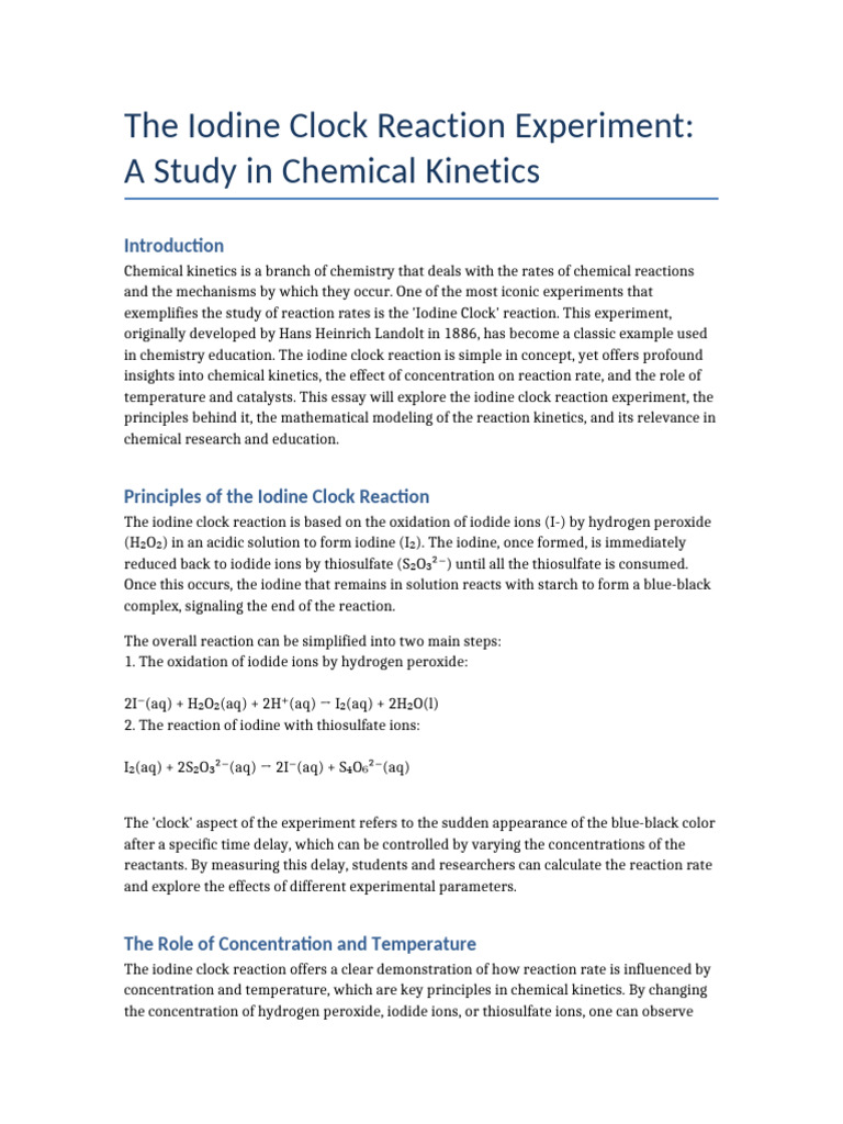 Iodine Clock Reaction Essay | PDF