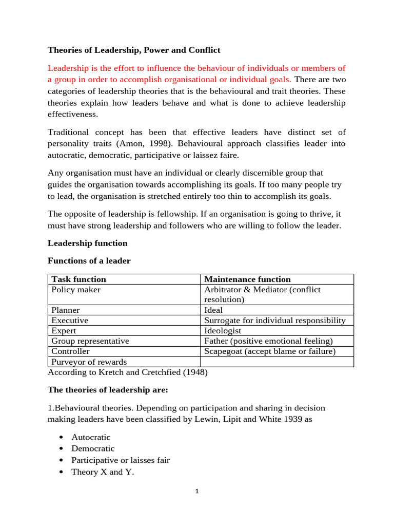 Leadership Theories and Conflict Dynamics | PDF | Leadership | Self ...