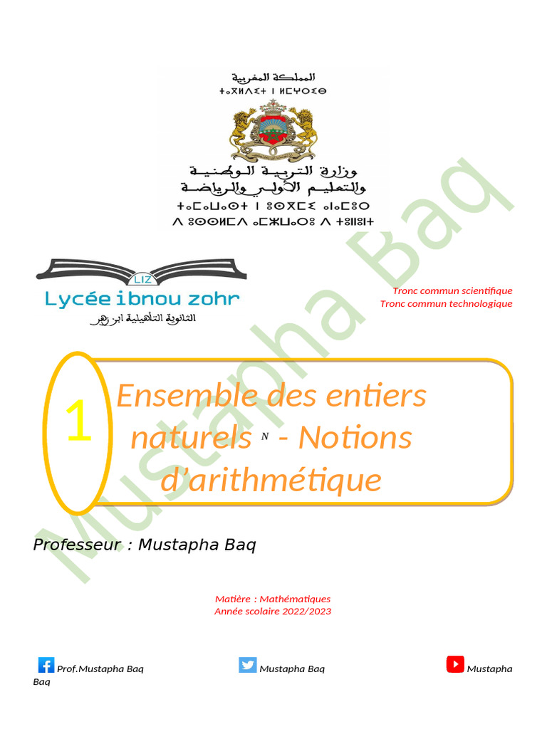 Mustapha Baq TCSF Chapitre 01 Ensemble Des Entiers Naturels - Notions D'arithm Tique | PDF