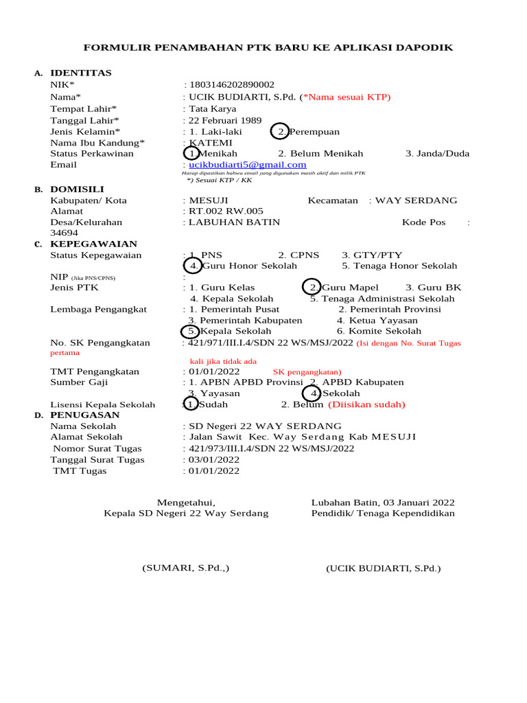 Formulir Penambahan PTK Baru Ke Aplikasi Dapodik Ucik | PDF