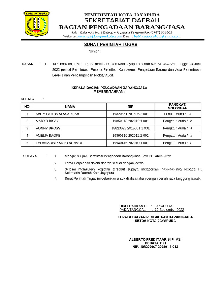 SURAT PERINTAH TUGAS Ujian Sertifikasi Giz | PDF
