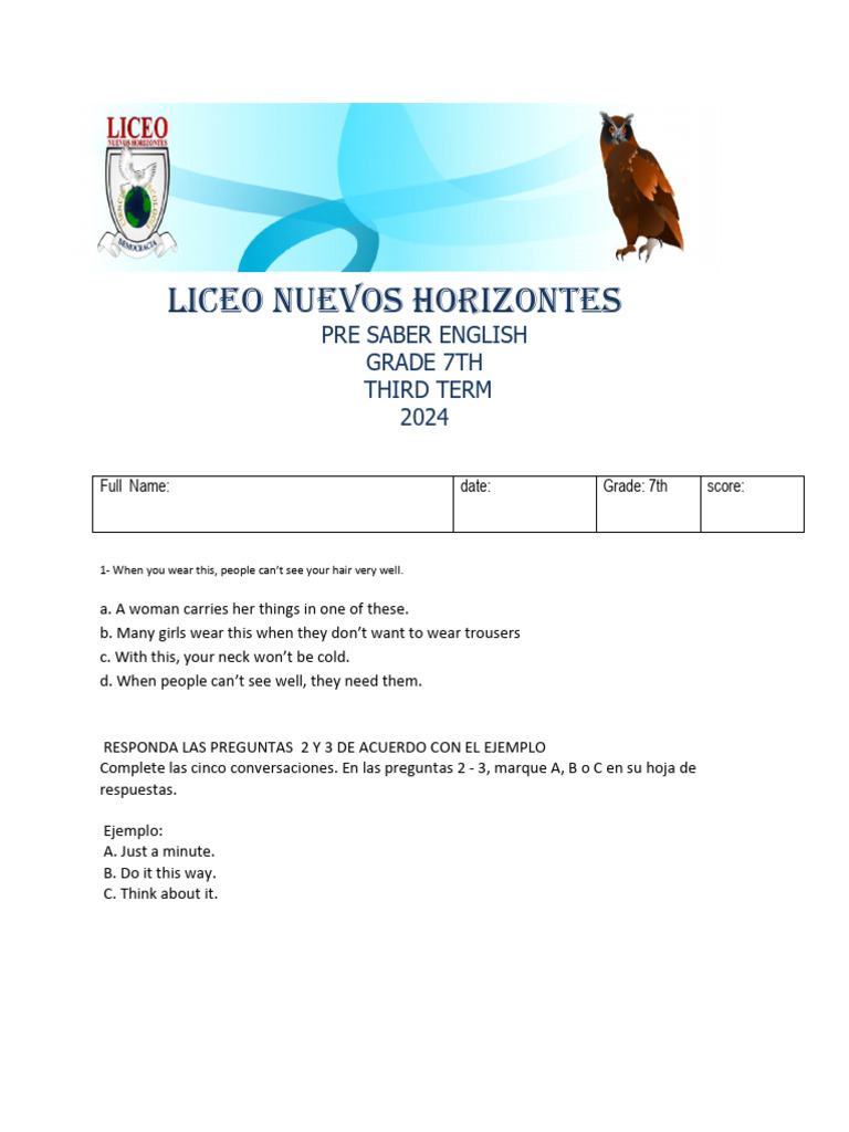 PRUEBAS PRE SABER 7mo THIRD TERM 2024 | PDF