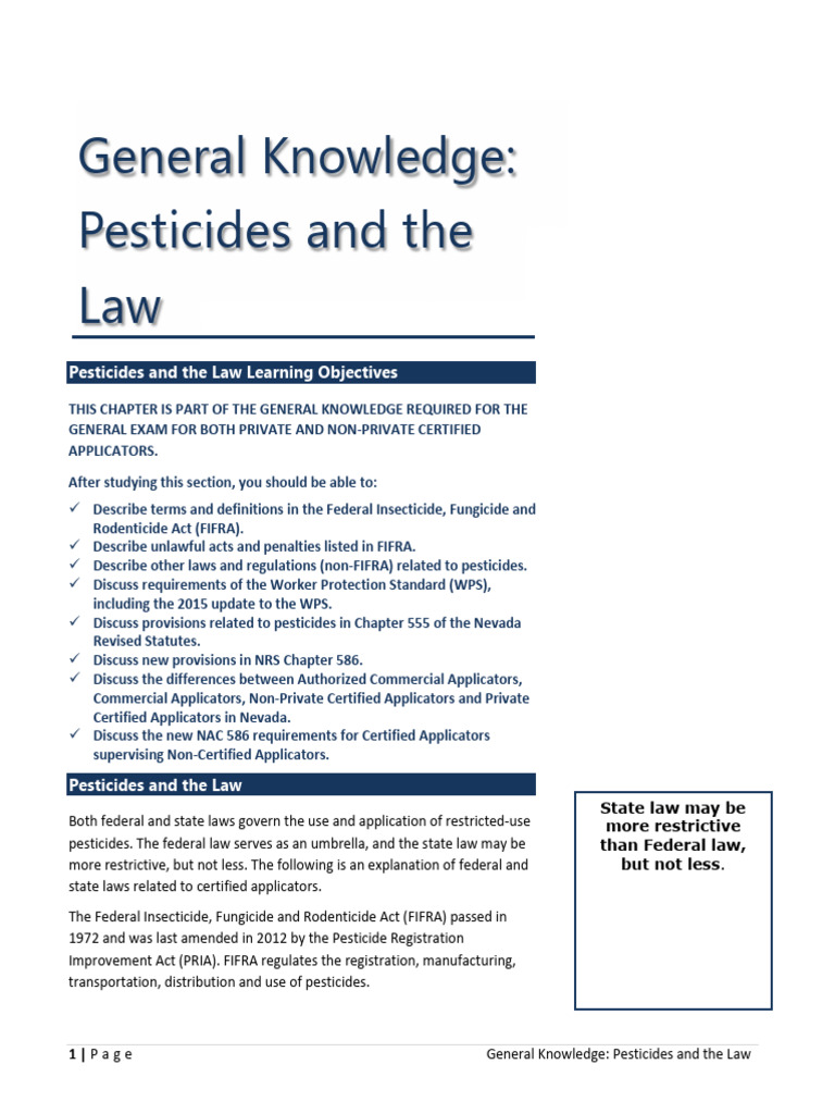 01 General Knowledge Pesticides and The Law EDIT ADA-C | PDF