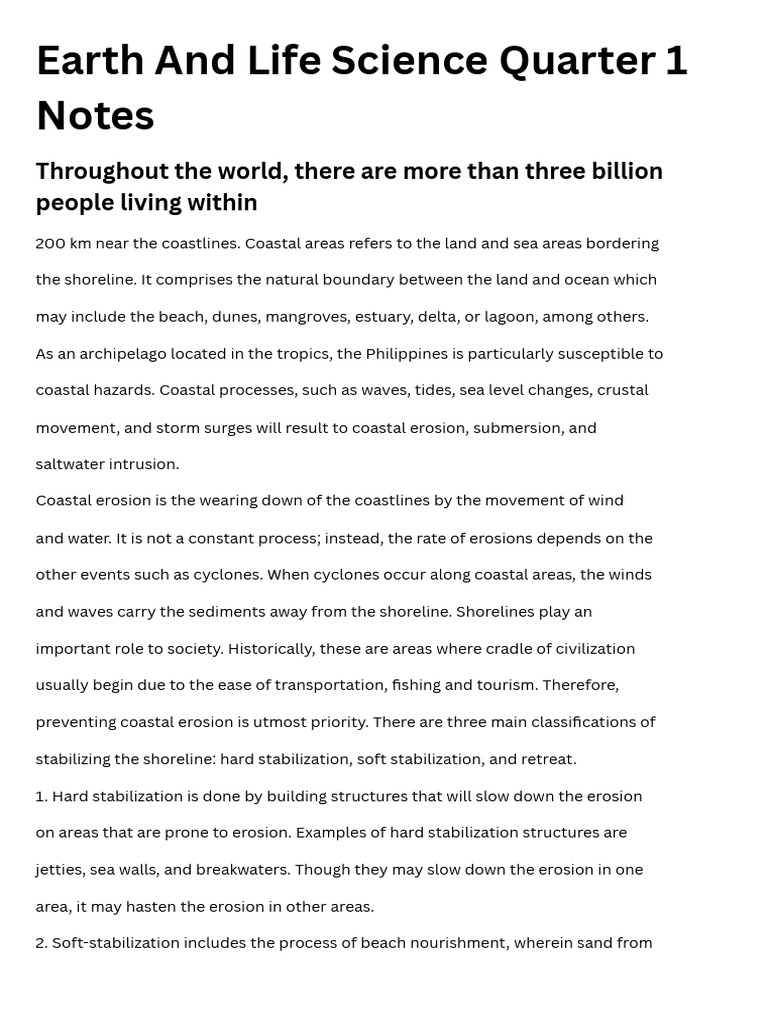 Earth and Life Science Quarter 1 Notes | PDF | Coast | Water Pollution