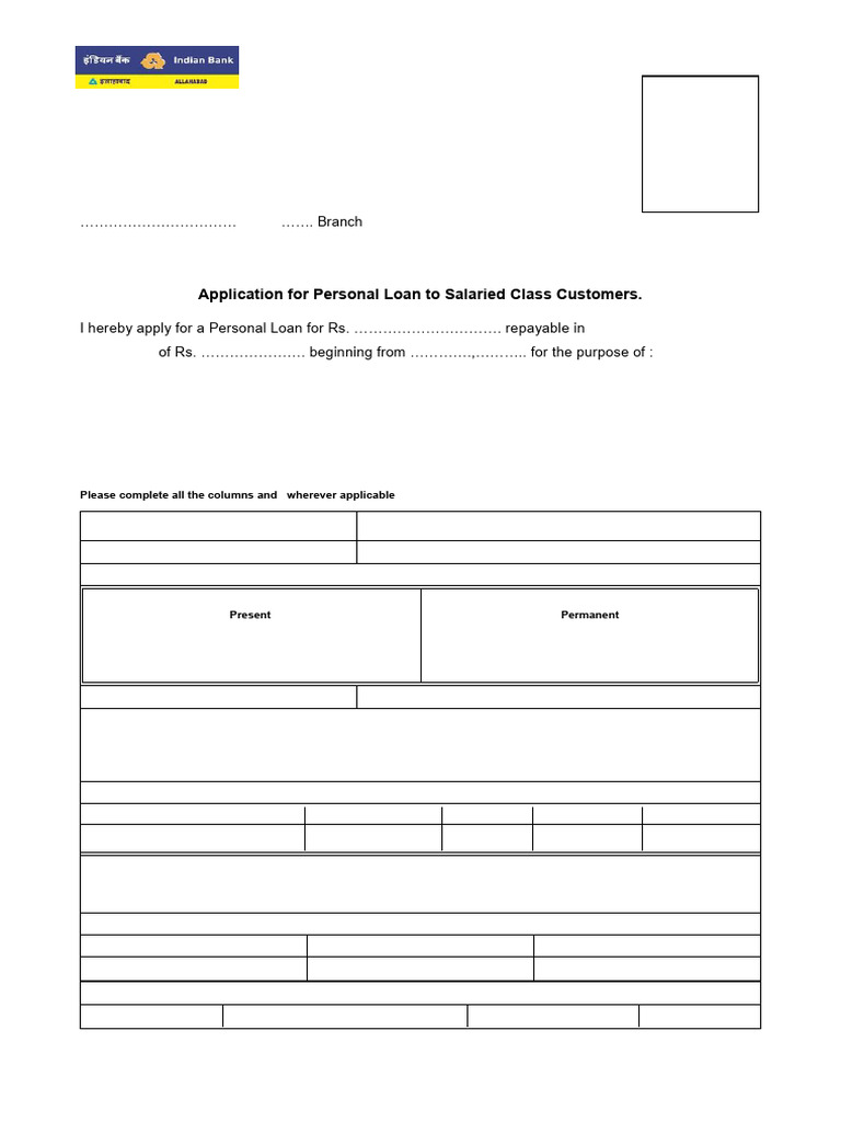 Indian Bank Personal Loan Application Form | PDF | Expense | Law