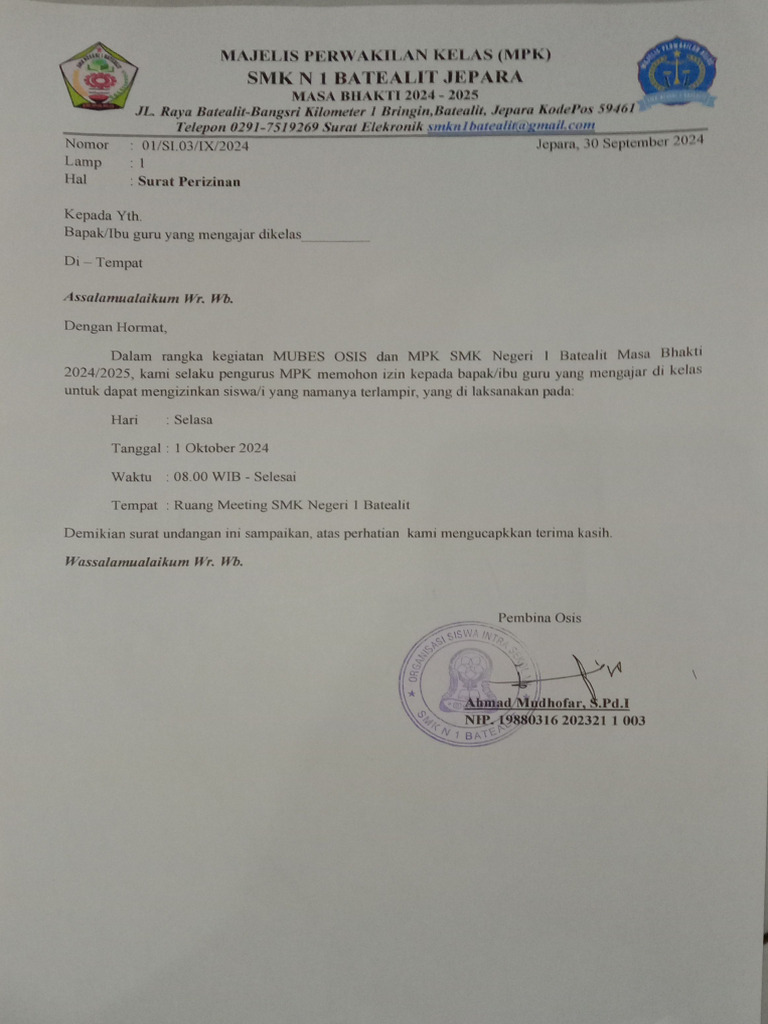 surat izin osis & mpk | PDF