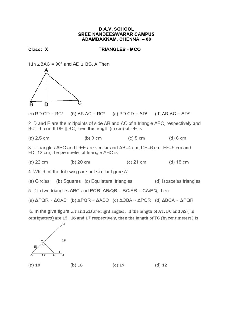 Triangles 10th MCQ 1718186799 | PDF | Triangle | Geometry