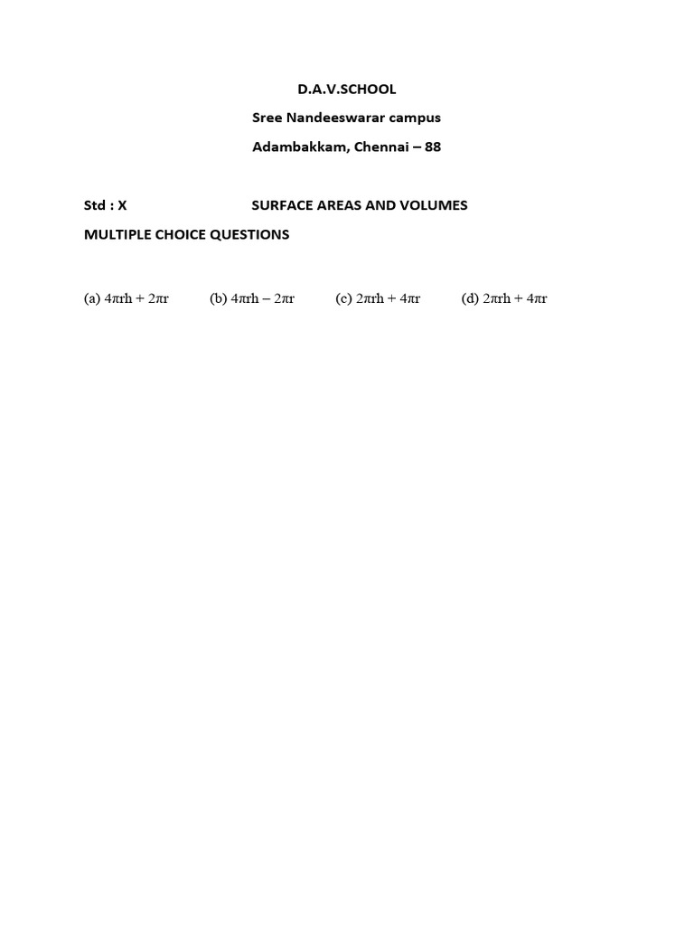 Class 10 Surface Area & Volume MCQs | PDF | Sphere | Area