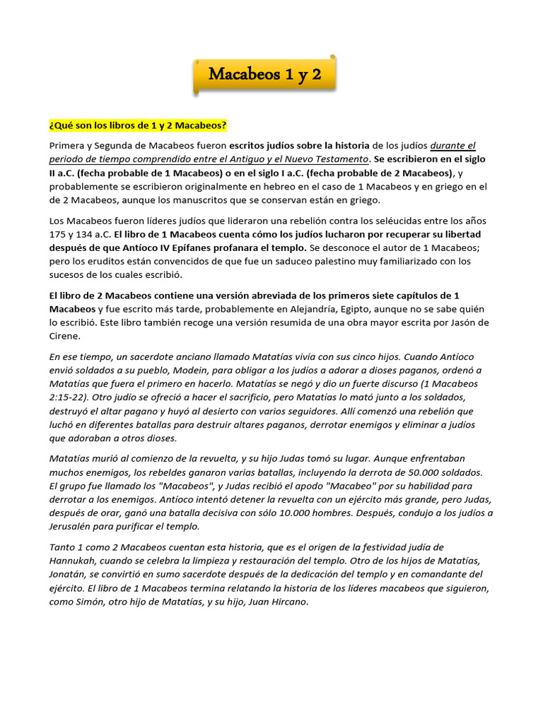 Resumen de los Libros Macabeos 1 y 2 | PDF | Macabeos