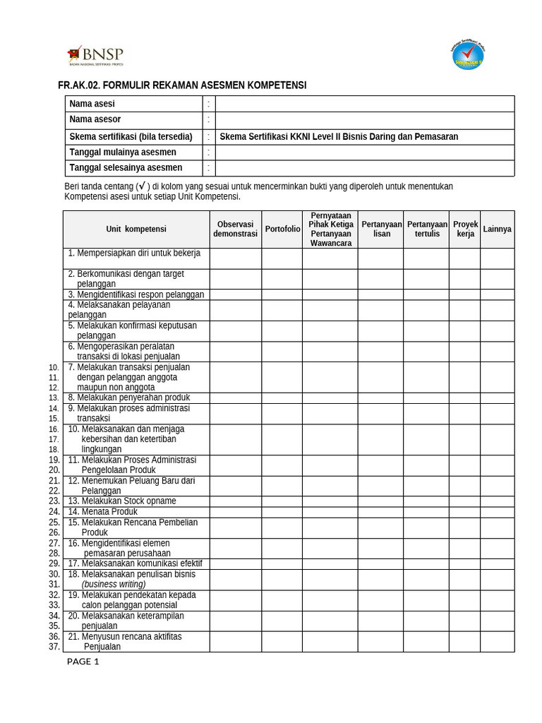 13 FR - Ak.02. Formulir Rekaman Asesmen Kompetensi - Ukk Maret 2022 | PDF