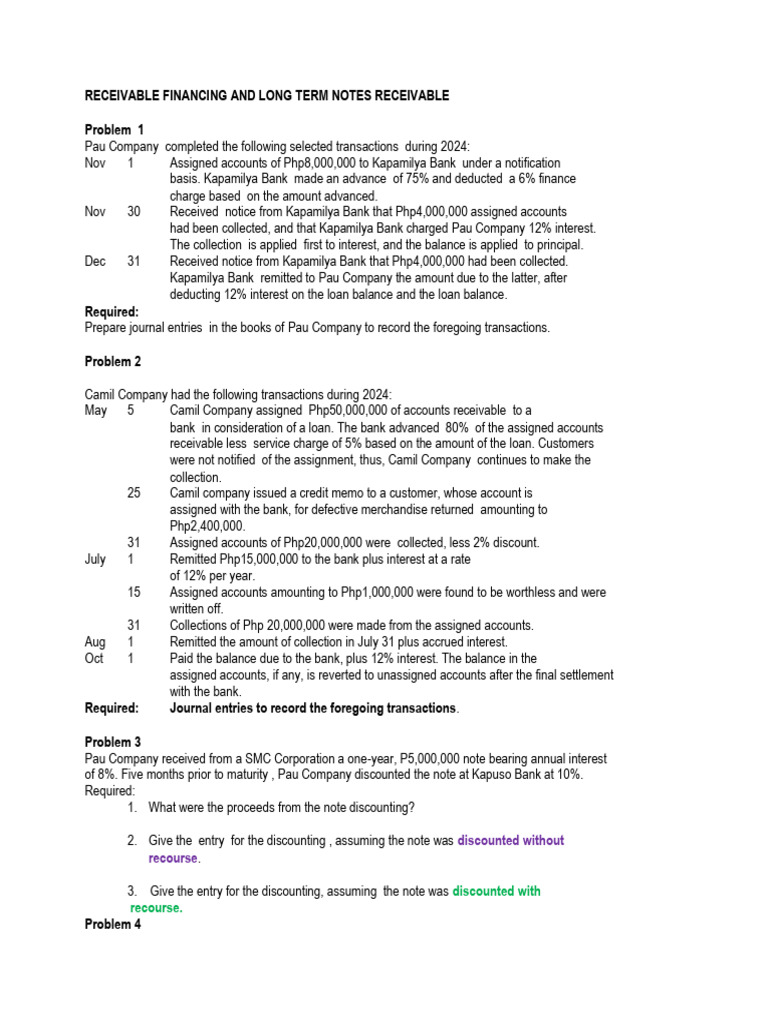 RECEIVABLES Financing & Long-Term Notes Receivable - Exercises | PDF