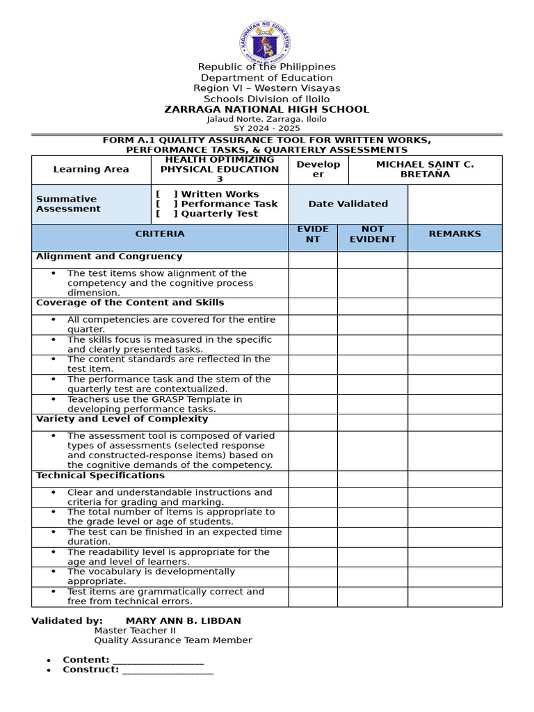 Quality Assurance Tool QA Form | PDF