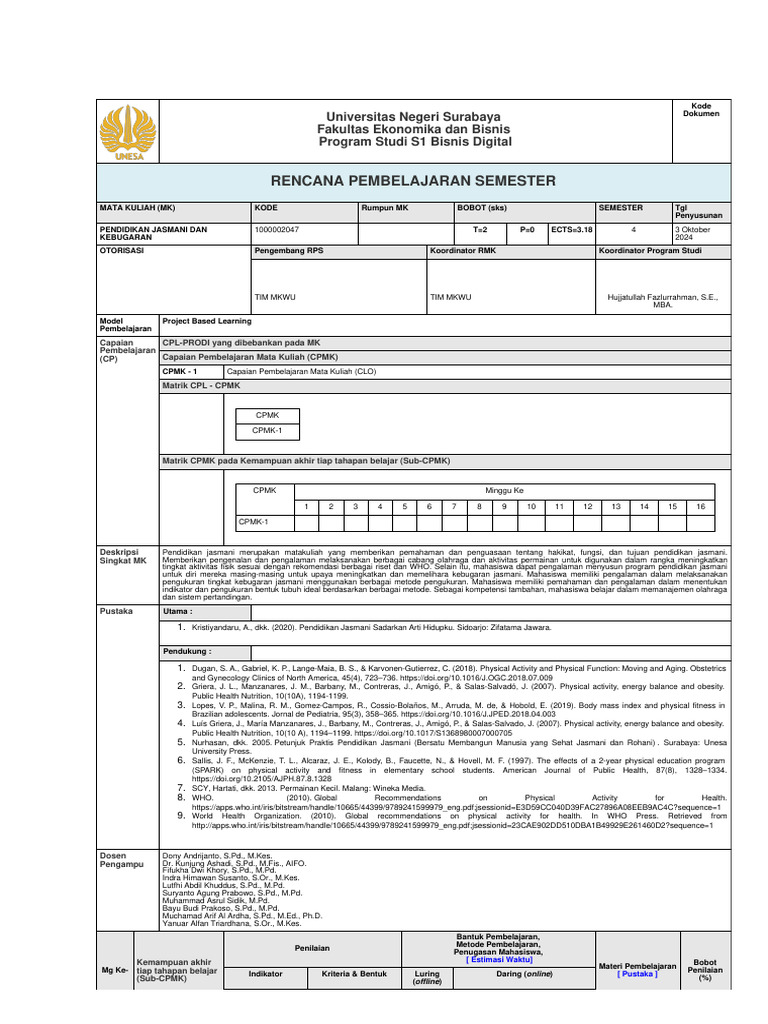 Rps Pendidikan Jasmani Dan Kebugaran | PDF