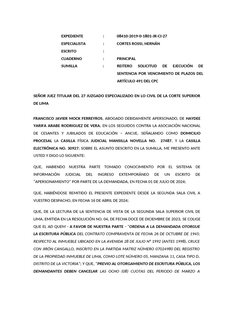Escrito de Reiteracion de Solicitud de Ejecucion de Sentencia Ante Vencimiento de Todos Los ...