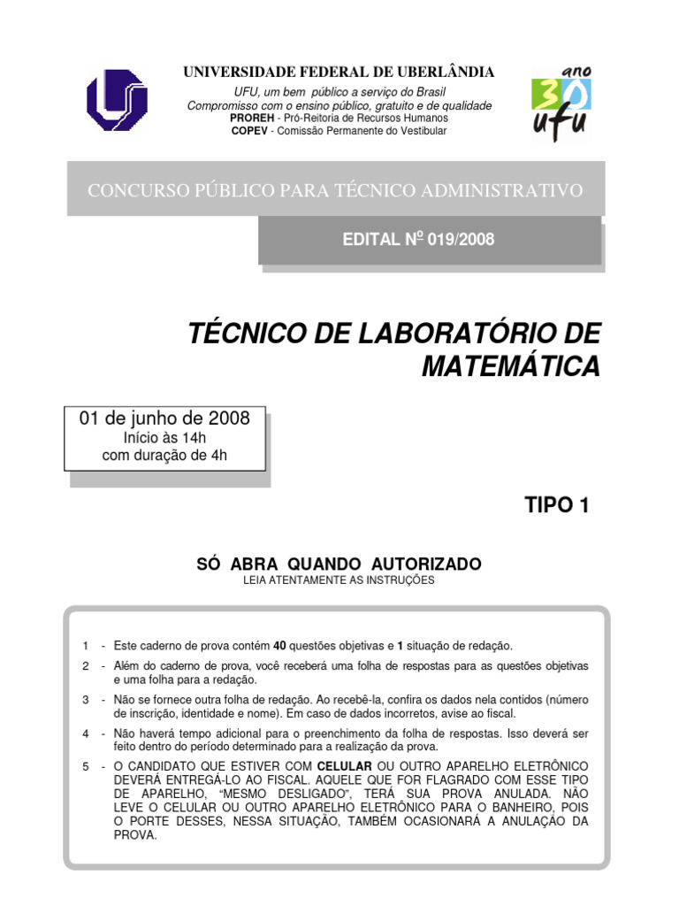 Prova Tecnico de Laboratorio de Matematica | PDF