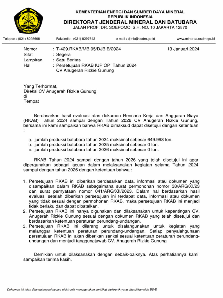 Persetujuan RKAB CV ARG 2024 | PDF