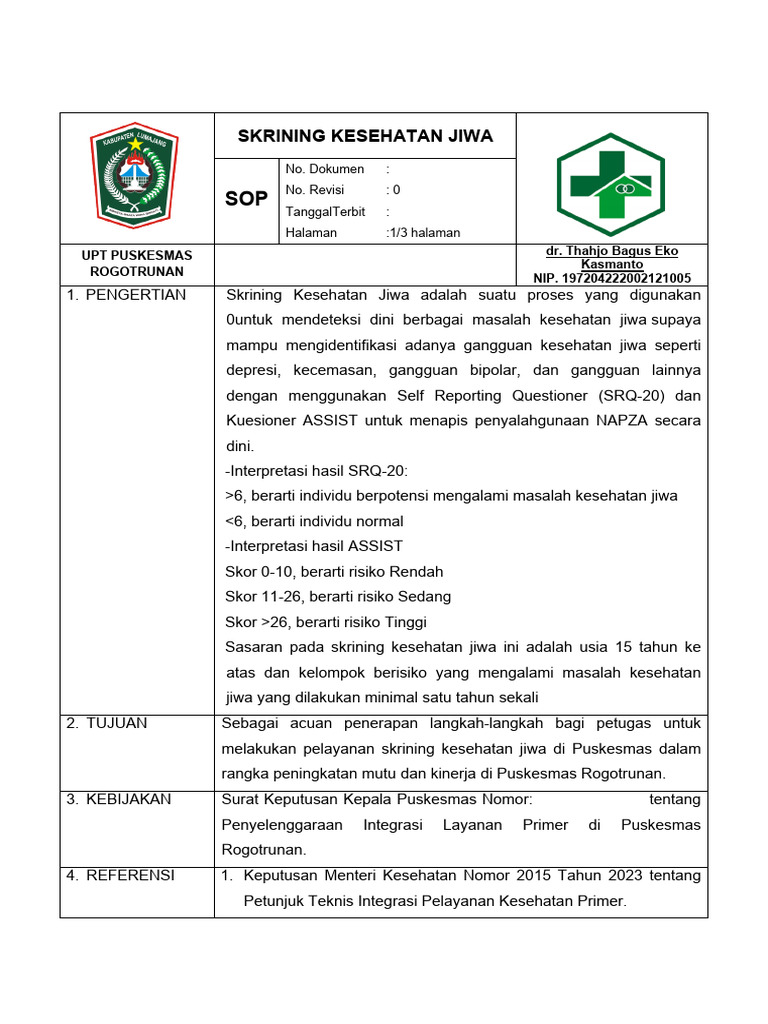 SOP Skrining Kesehatan Jiwa | PDF
