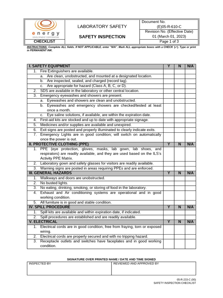 (E) 05-R-610-C Safety Inspection Checklist Rev. 01 | PDF