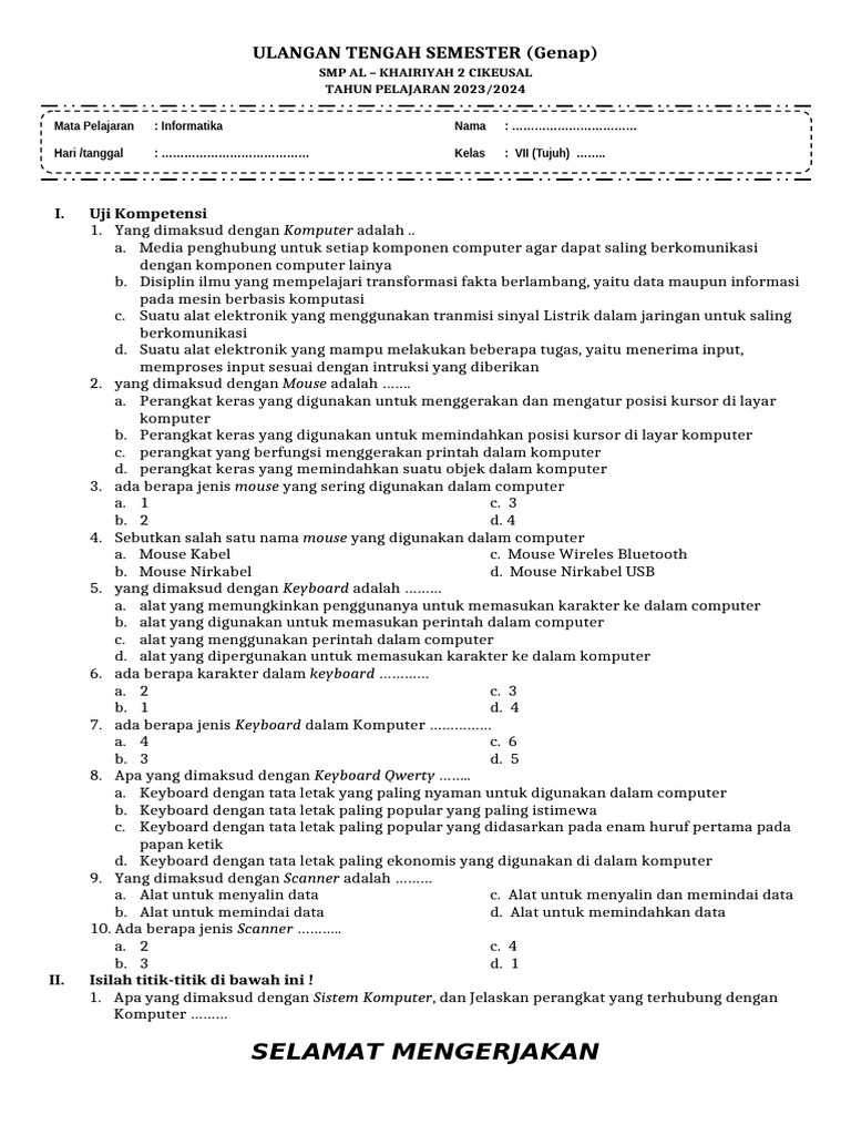 Soal PTS Informatika VII Semester Genap | PDF