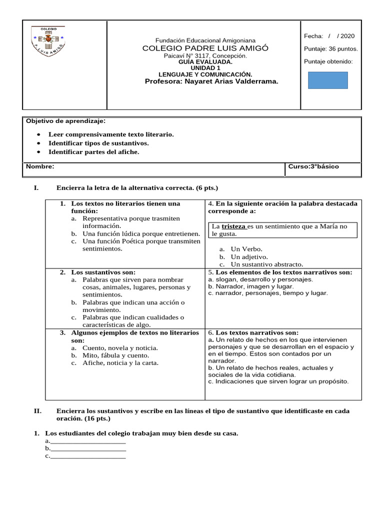Guía Evaluada Tercero. Unidad 1 | PDF