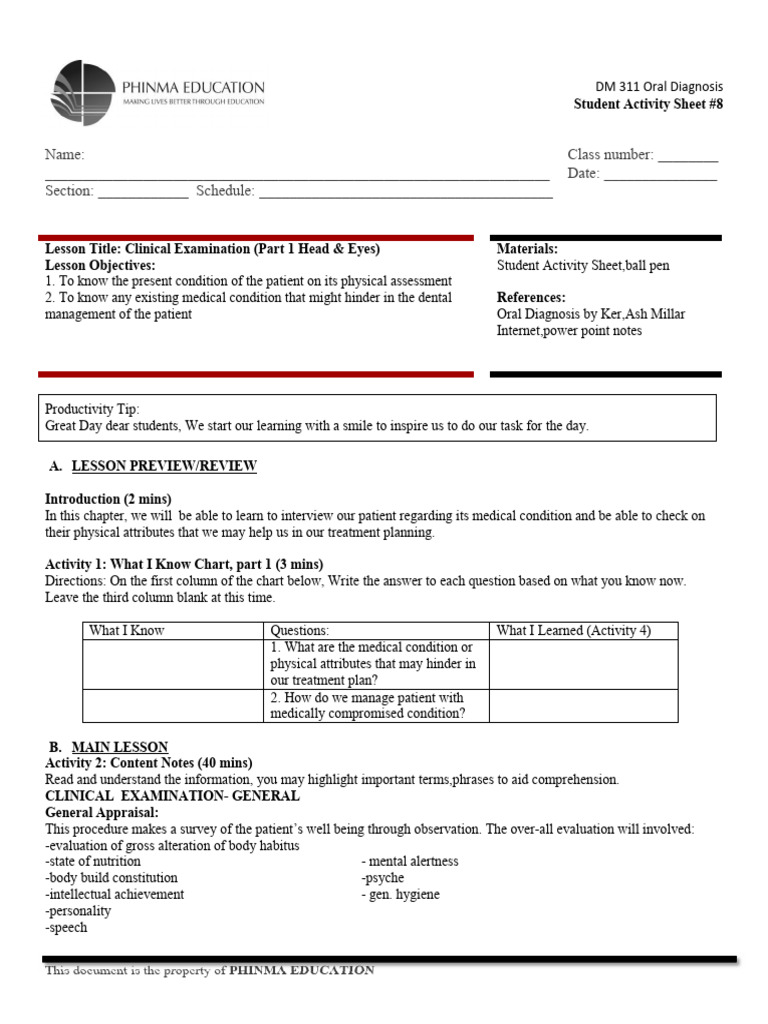 Oral Diagnosis SAS 8 Clinical Exam Head and Eyes | PDF