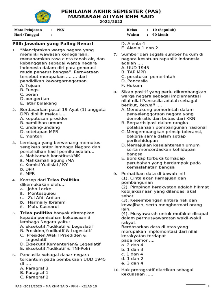 Soal - Pas PKN 10 | PDF