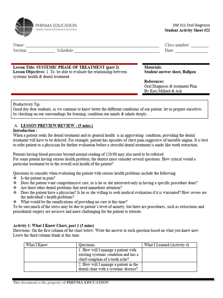 Oral Diagnosis SAS 21 Systemic Phase of Treatment 2 | PDF