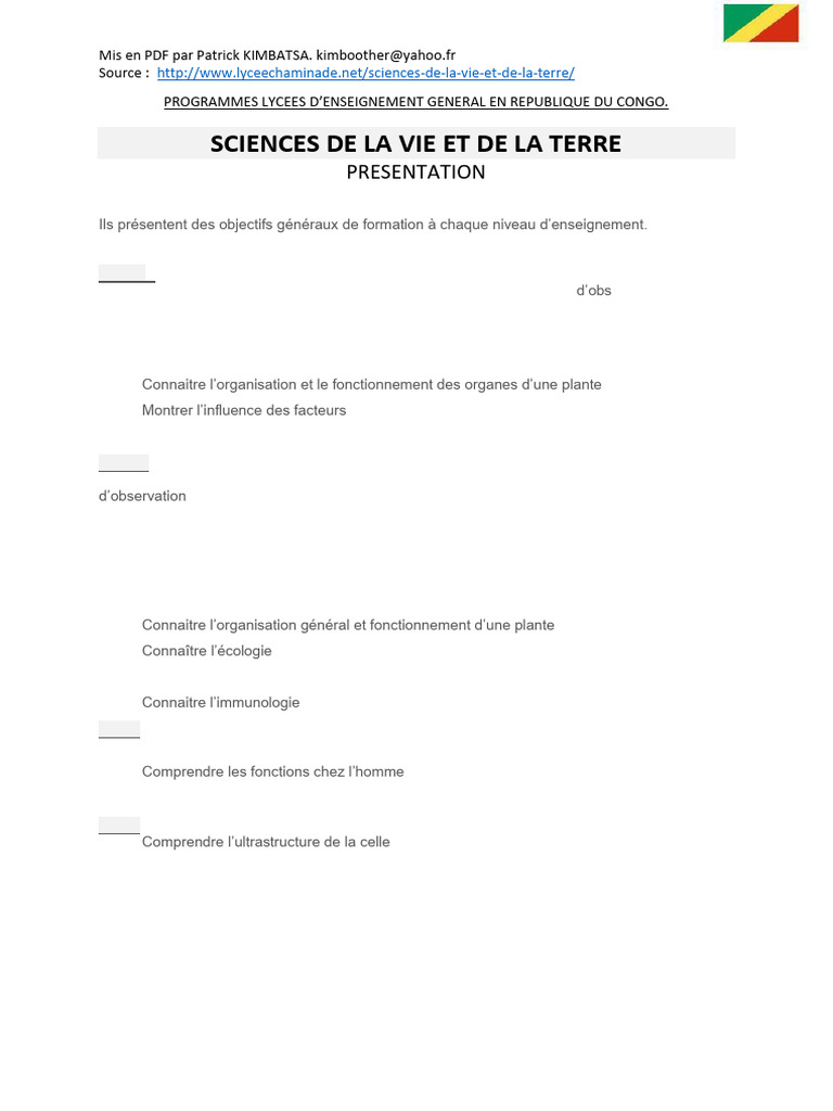 Programme SVT Au Lycée. (Congo-Brazza) | PDF