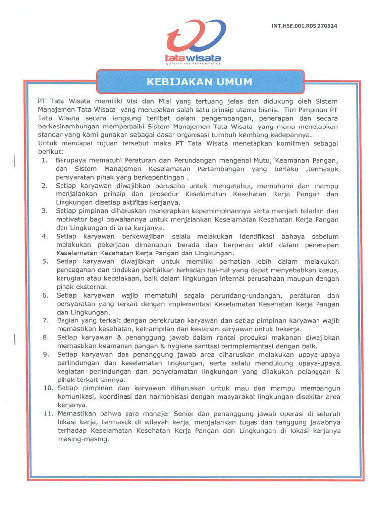 1.INT - HSE.001.R05.270524 - Kebijakan Umum - PDF | PDF