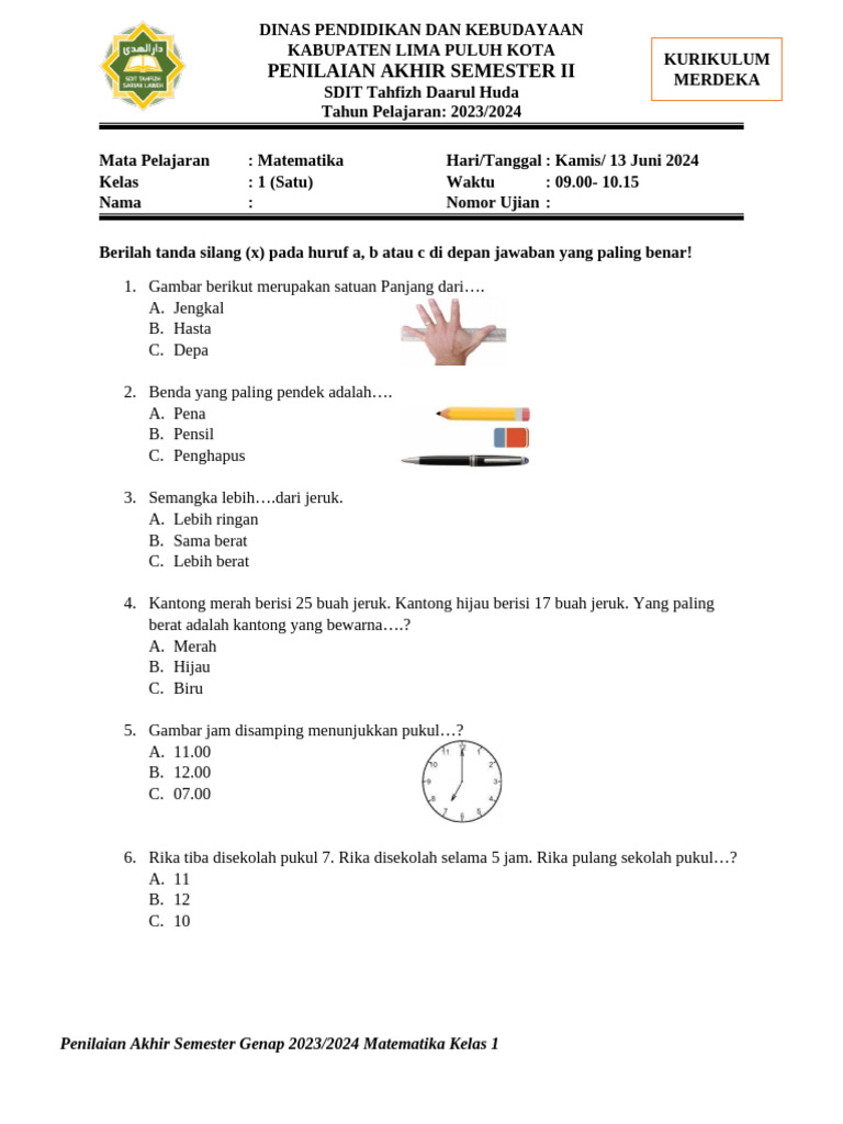 SOAL PAS MTK 1.A (SEM 2) | PDF