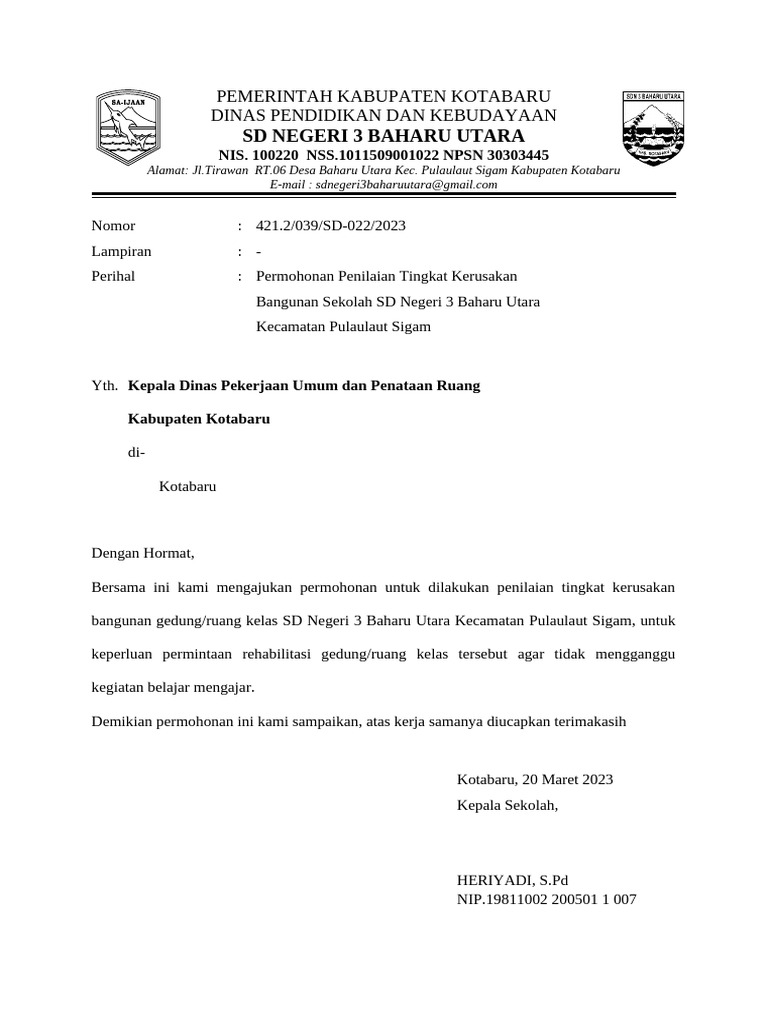 Surat Permohonan Penilaian Kerusakan Ke Pupr Kotabaru | PDF Surat Permohonan Penilaian Kerusakan Ke Pupr Kotabaru | PDF