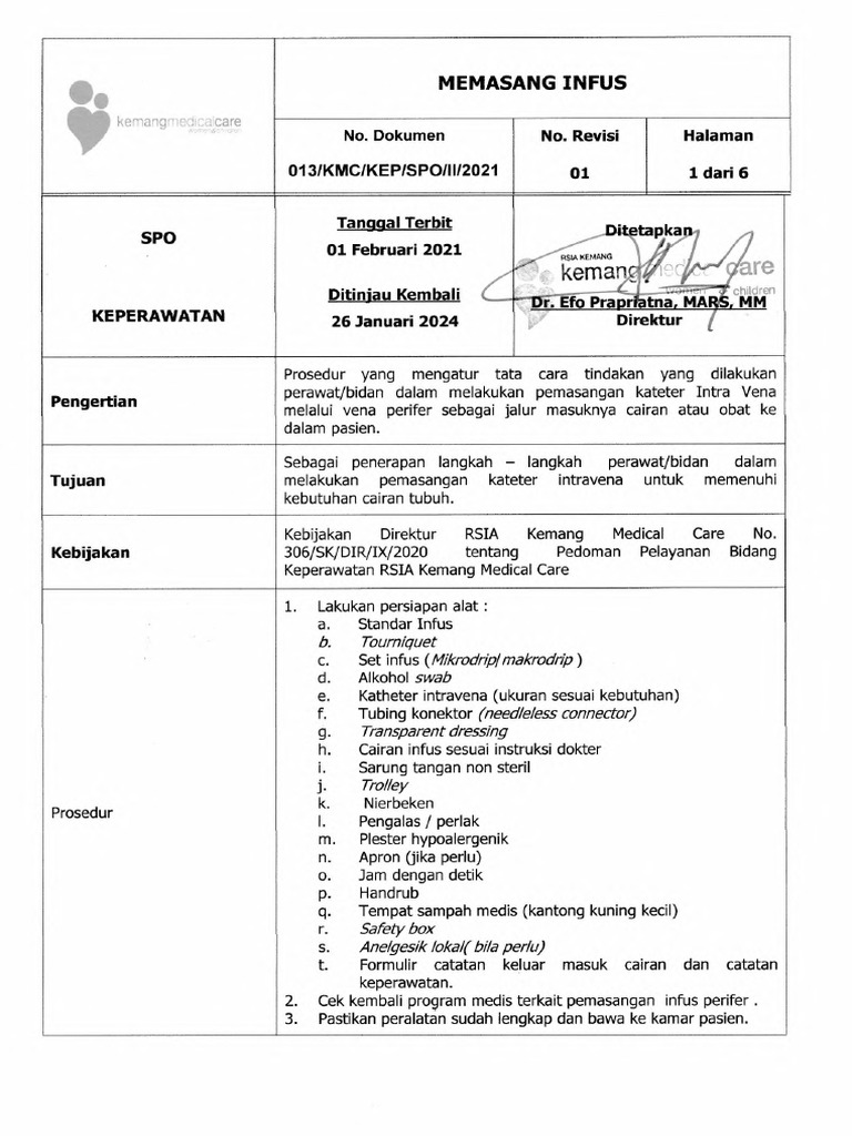 013.KEP.ii.2021 SPO Pemasangan Infus | PDF