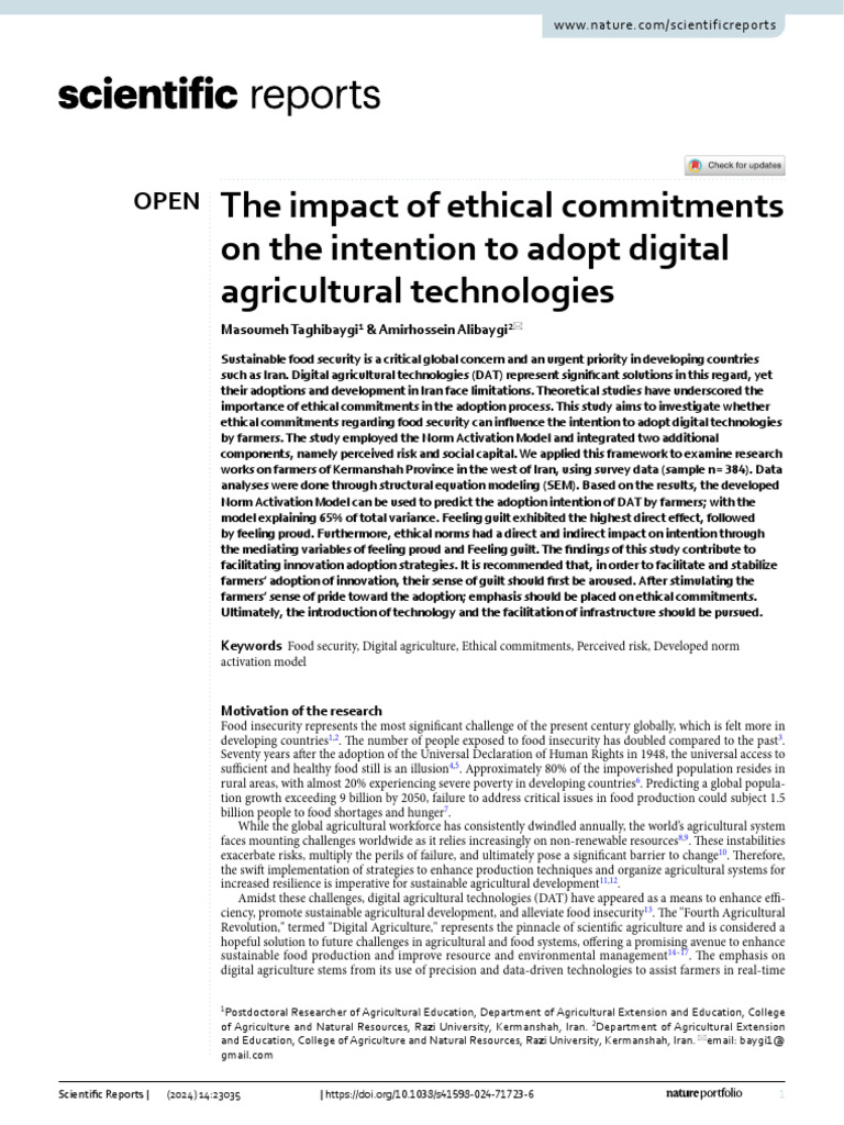 The Impact of Ethical Commitments On The Intention To Adopt Digital Agricultural Technologies | PDF