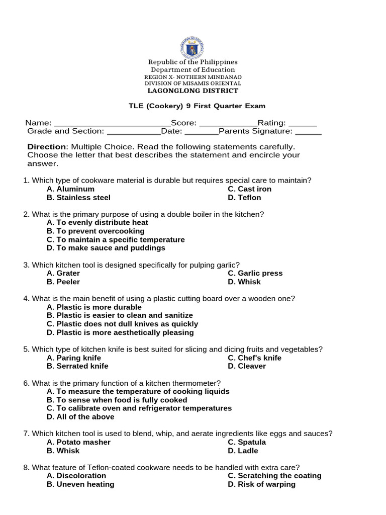 TLE Grade 9 Cookery Exam Q1 | PDF | Foods | Cooking, Food & Wine